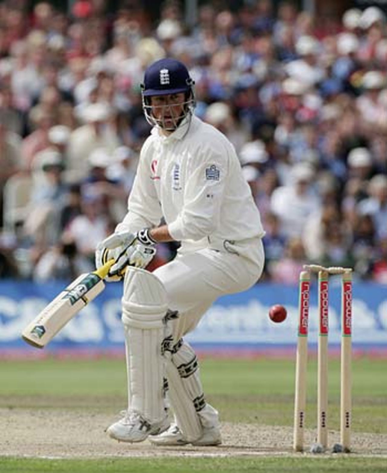 Marcus Trescothick can only watch the ball tickle his off stump ...