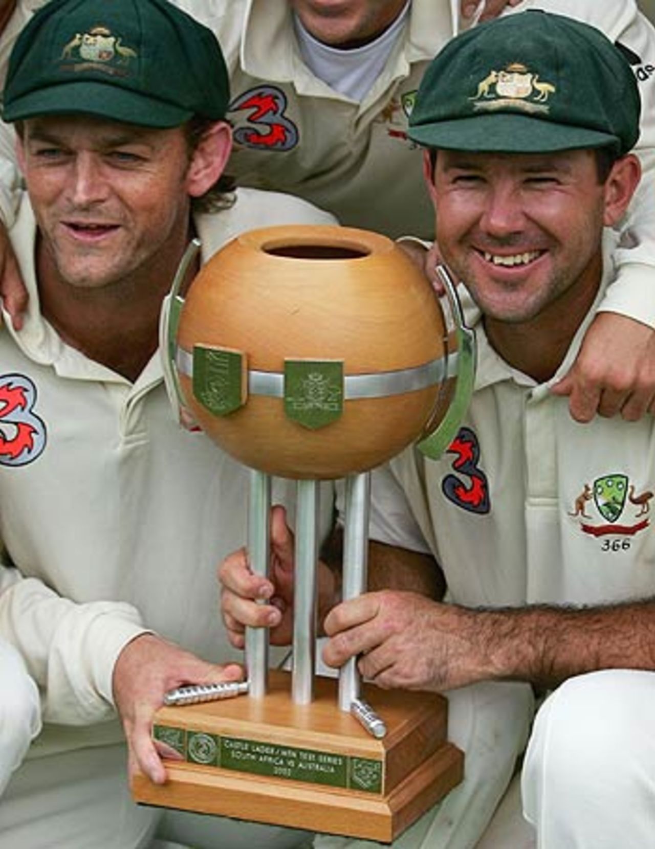 Adam Gilchrist and Ricky Ponting pose with the series trophy ...