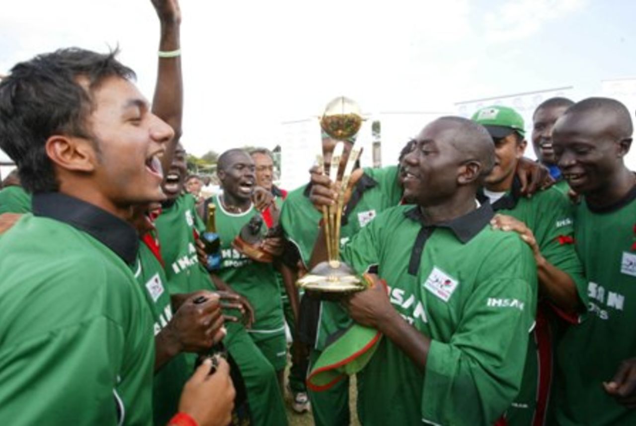 Kenyan Team captain Steve Tikolo holding the ICC World Cricket League ...