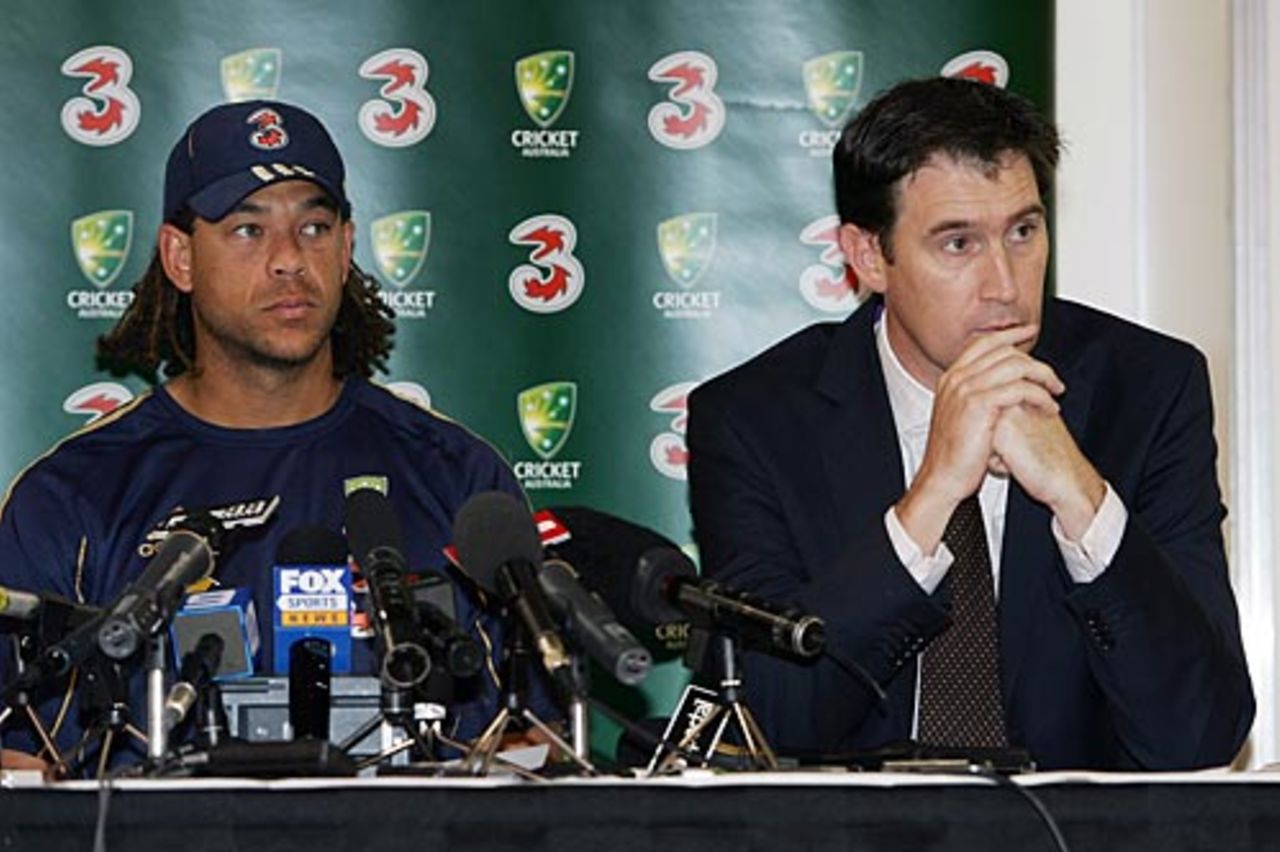 Andrew Symonds and James Sutherland at a press conference ...