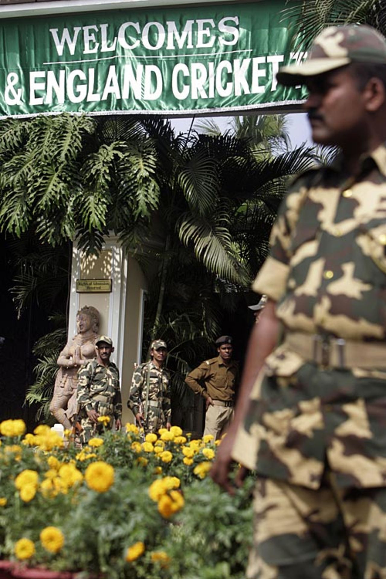 Security guards keep strict vigil outside the India and England team ...