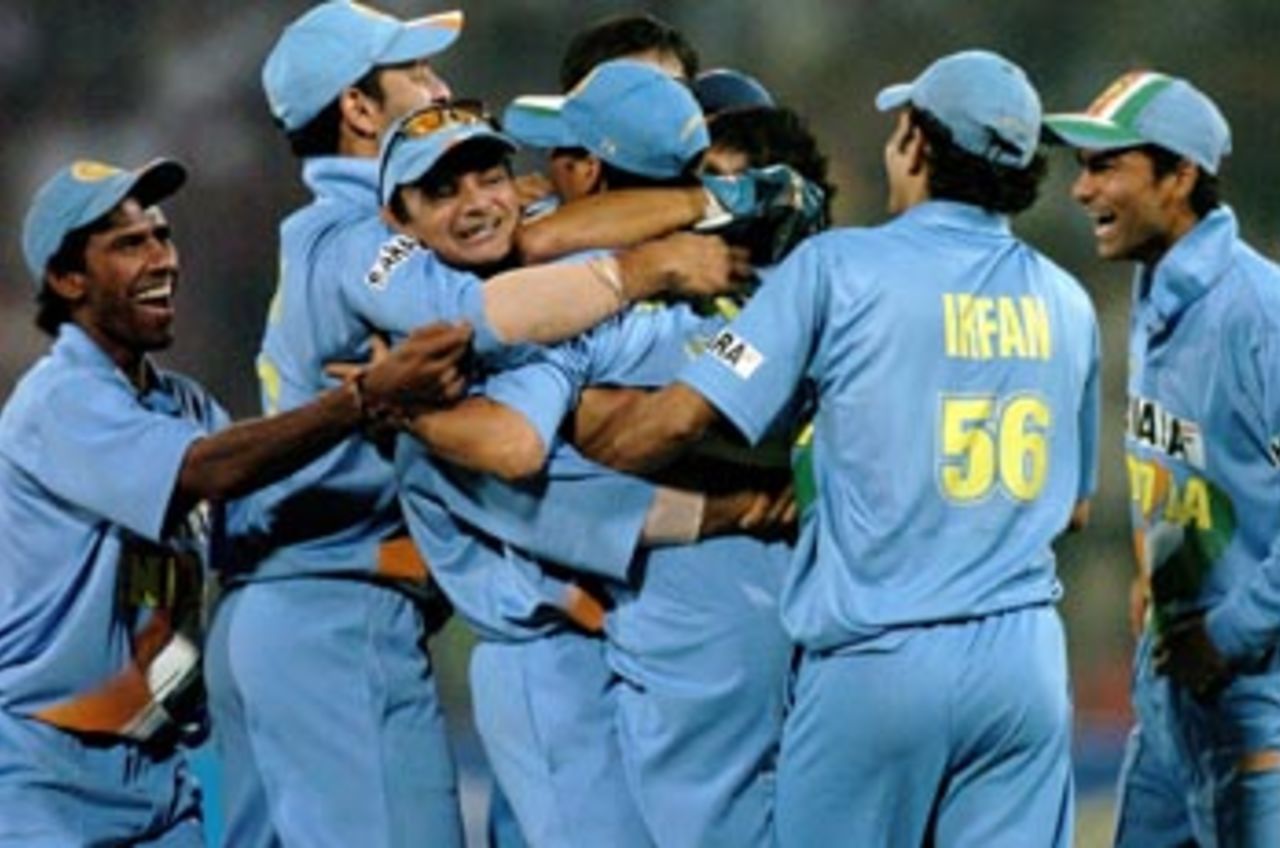 Indian cricketers celebrate the dismissal Pakistani captain Inzamam-ul ...