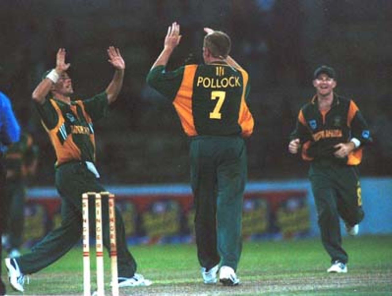 Left arm spinner Nicky Boje celebrates after take a Pakistani wicket ...