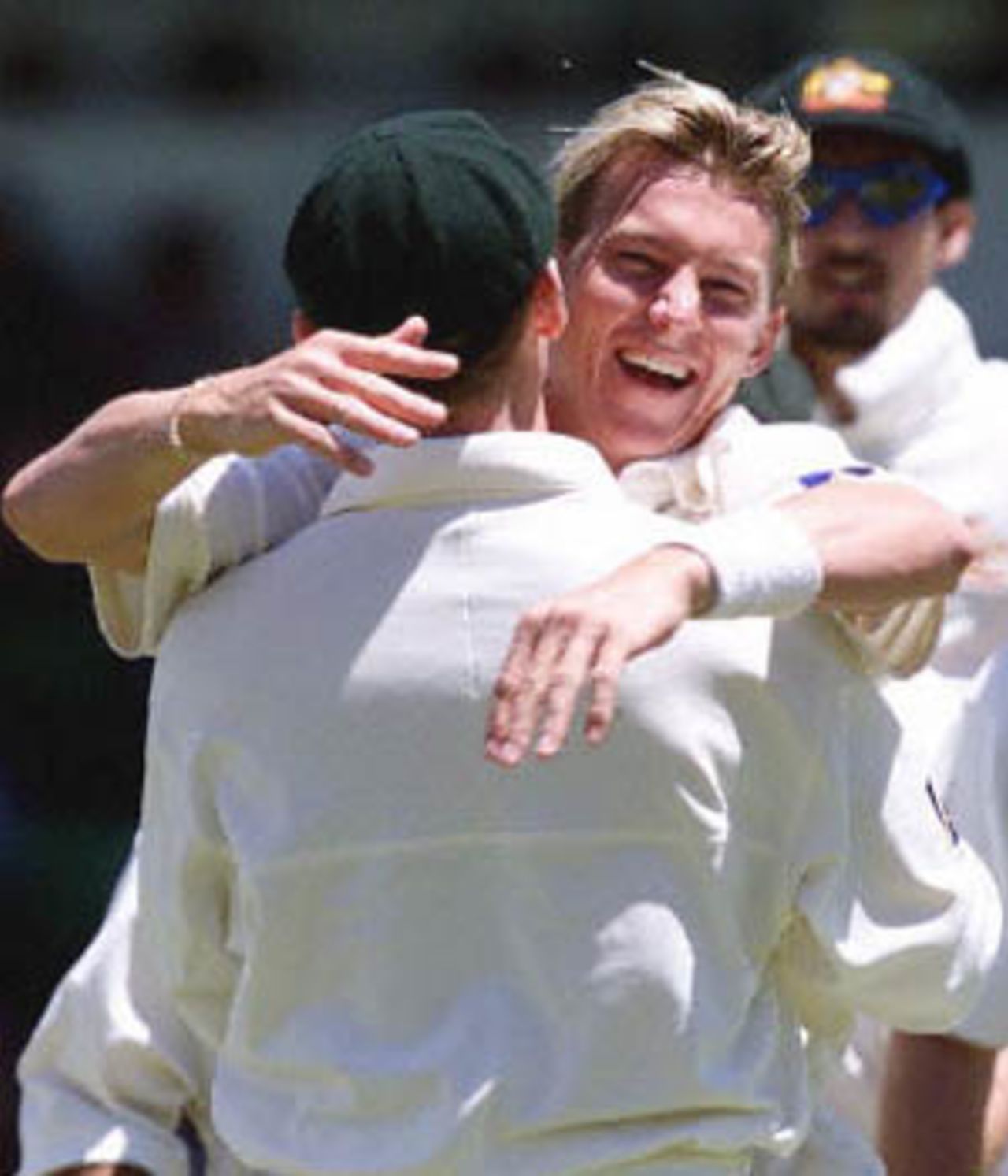 Brett Lee gets an embrace after sending Ramnaresh Sarwan back to the ...