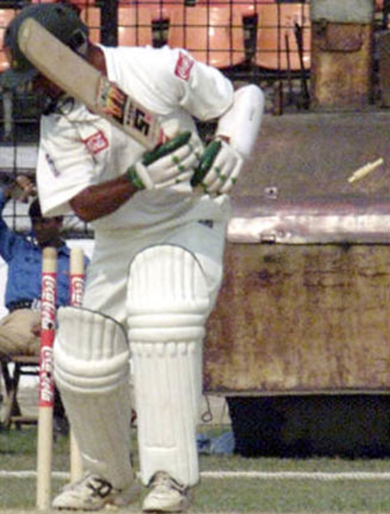 Bangladeshi batsman Tapash Baishya is bowled by Jermaine Lawson ...