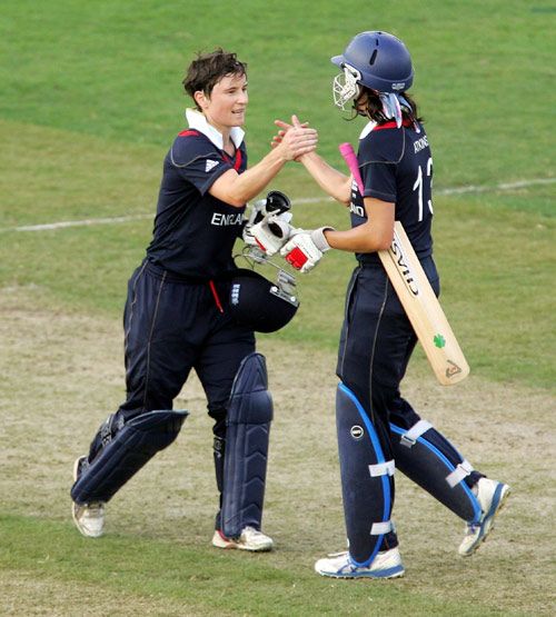 Claire Taylor and Caroline Atkins congratulate each other after ...