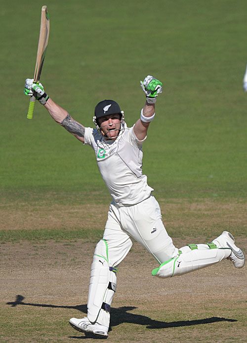 Brendon McCullum let out a roar on reaching three figures ...