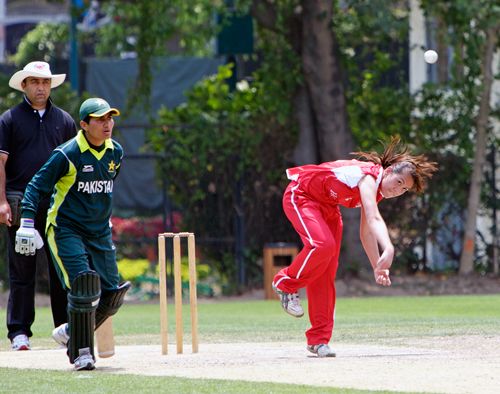 Kristine Wong bowling for HK Women against Pakistan 'A' Women ...
