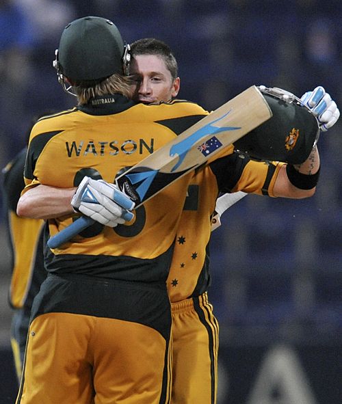 Michael Clarke gets a hug from Shane Watson on getting to his century ...
