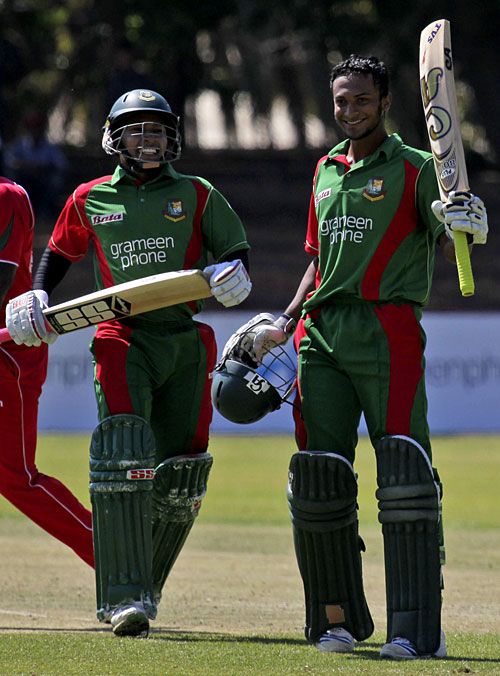 Shakib Al Hasan raises the bat after scoring his third one-day century ...