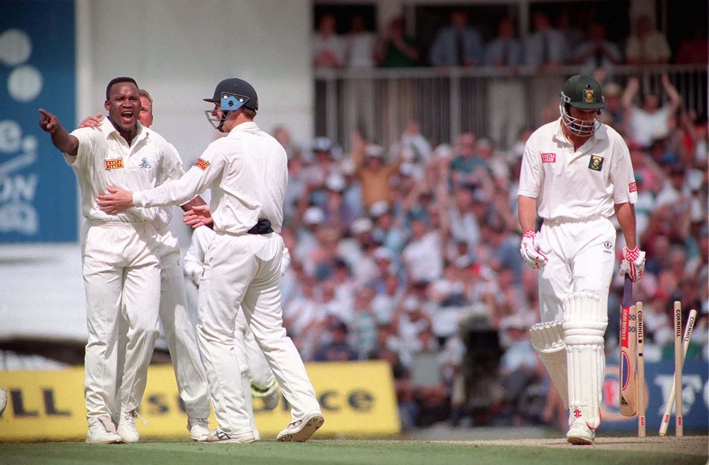 Devon Malcolm points to the dressing room after yorking Hansie Cronje | ESPNcricinfo.com