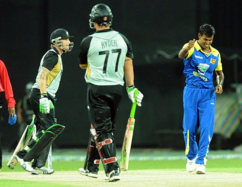 Nuwan Kulasekara celebrates Brendon McCullum run-out at the non-striker ...