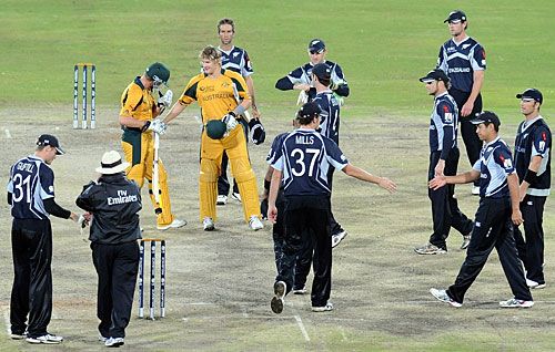 New Zealand congratulate Shane Watson and James Hopes on the win ...