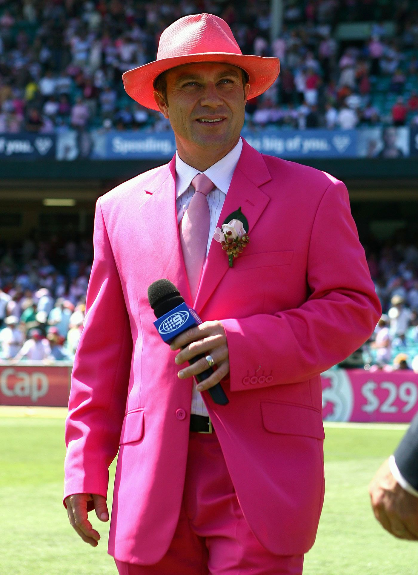 Michael Slater donned a pink suit in aid of the McGrath Foundation ...
