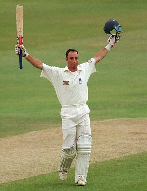 Nasser Hussain celebrates after reaching his double-century ...