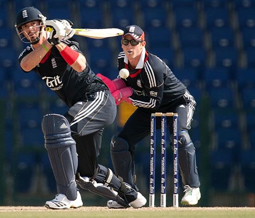 Kevin Pietersen flicks through the leg side as Craig Kieswetter looks ...