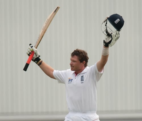 Ian Bell celebrates his hundred on the second morning at Old Trafford ...