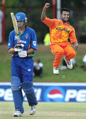 Adeel Raja celebrates after dismissing Namibia's captain Deon Kotze at ...