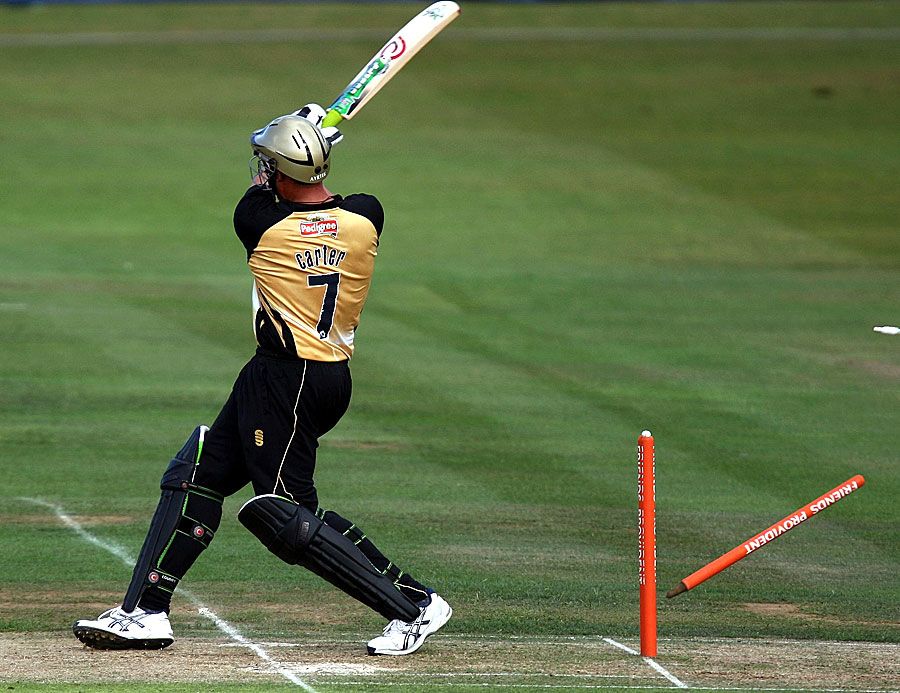 Warwickshire's Neil Carter is castled by Steven Patterson ...