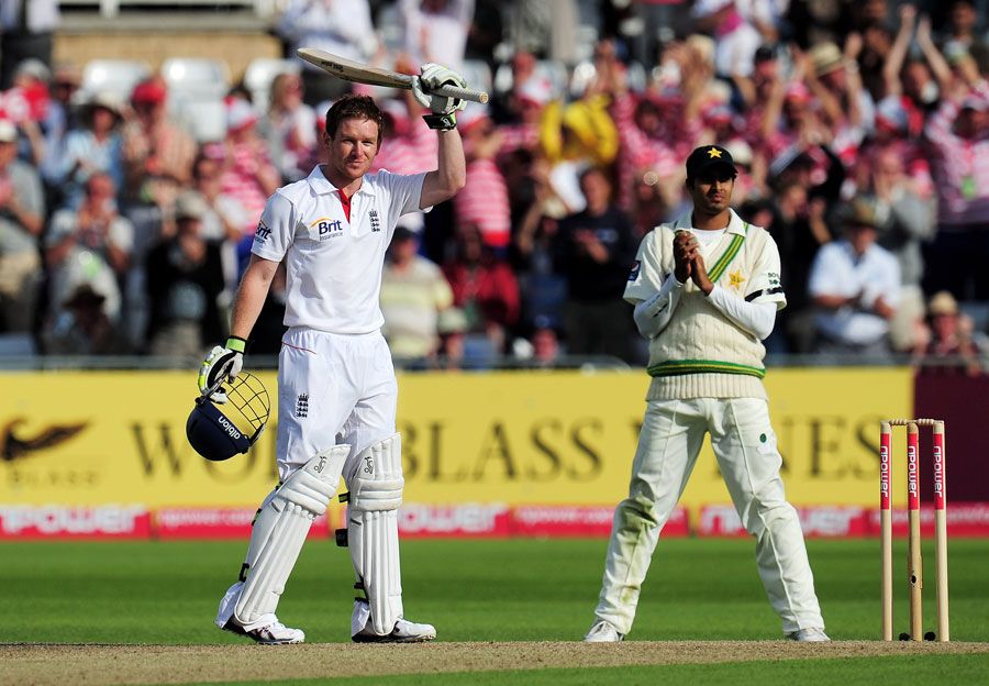 Eoin Morgan raises his bat after scoring his maiden Test hundred ...