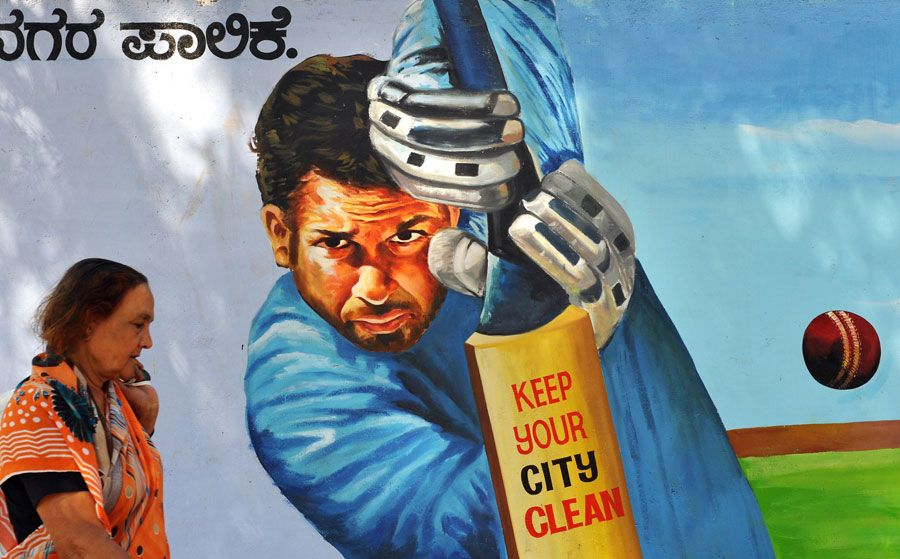 A painting of Sachin Tendulkar on a city wall for a public initiative ...