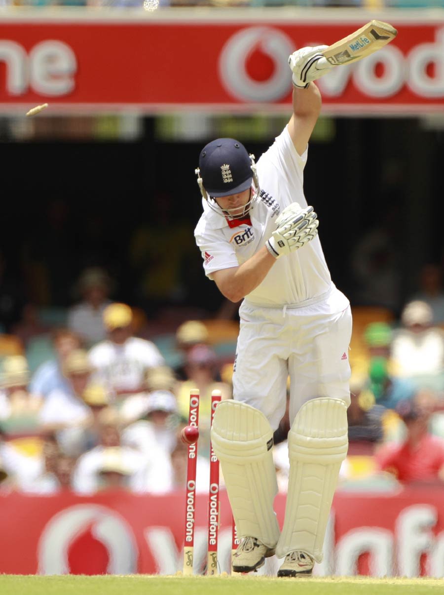 Jonathan Trott loses his off stump, bowled by Shane Watson ...