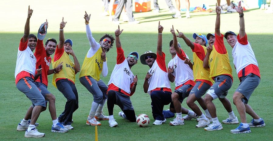 India players celebrate winning a warm-up football match during ...