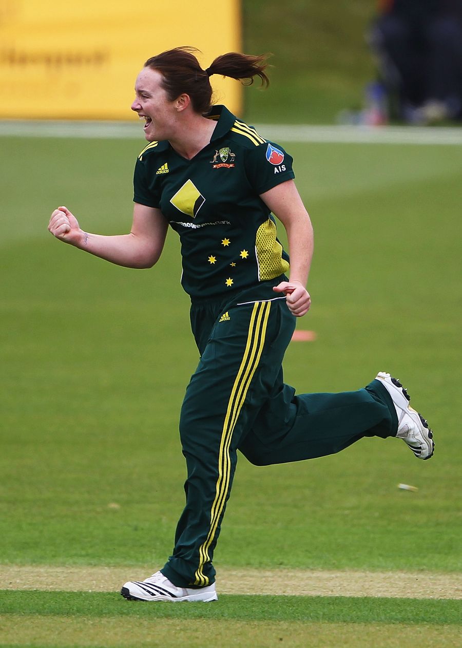 Sarah Coyte celebrates one of four wickets against England ...