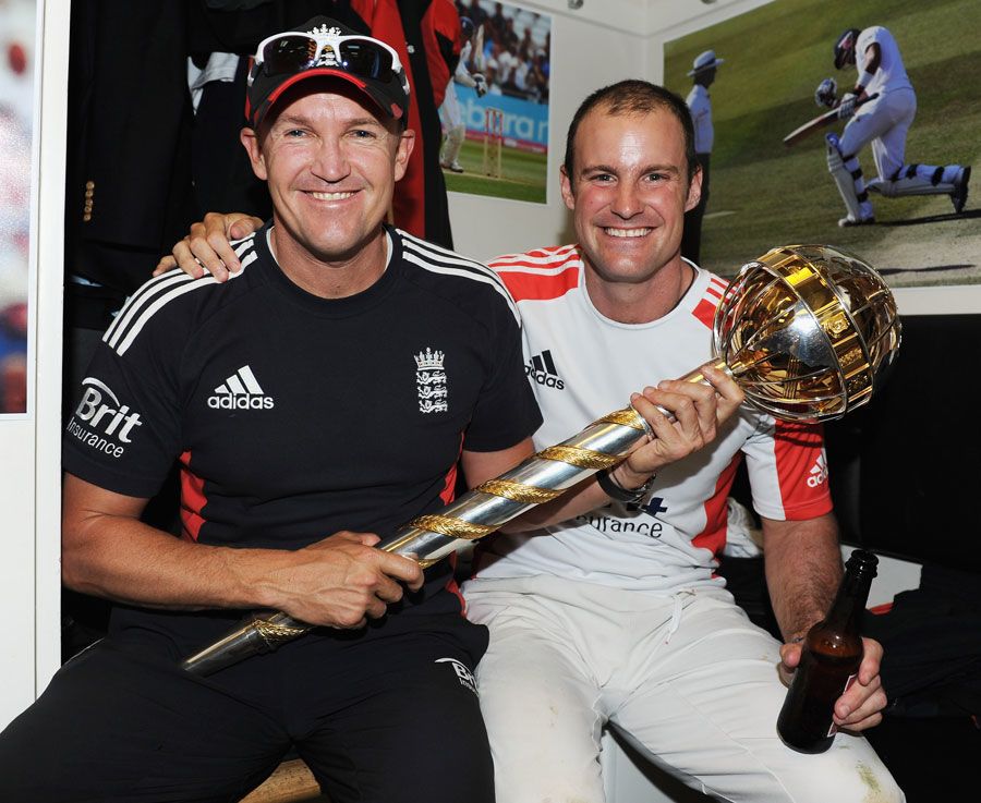 Andy Flower and Andrew Strauss strike a happy pose with the mace ...