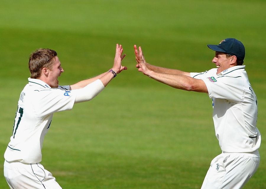 Graeme White and Darren Pattinson celebrate the fall of a Durham wicket | ESPNcricinfo.com