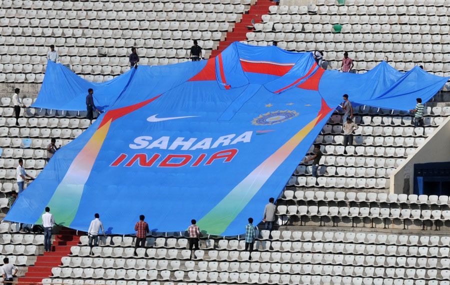 Indian workers arrange a large-scale replica of the Indian one-day ...