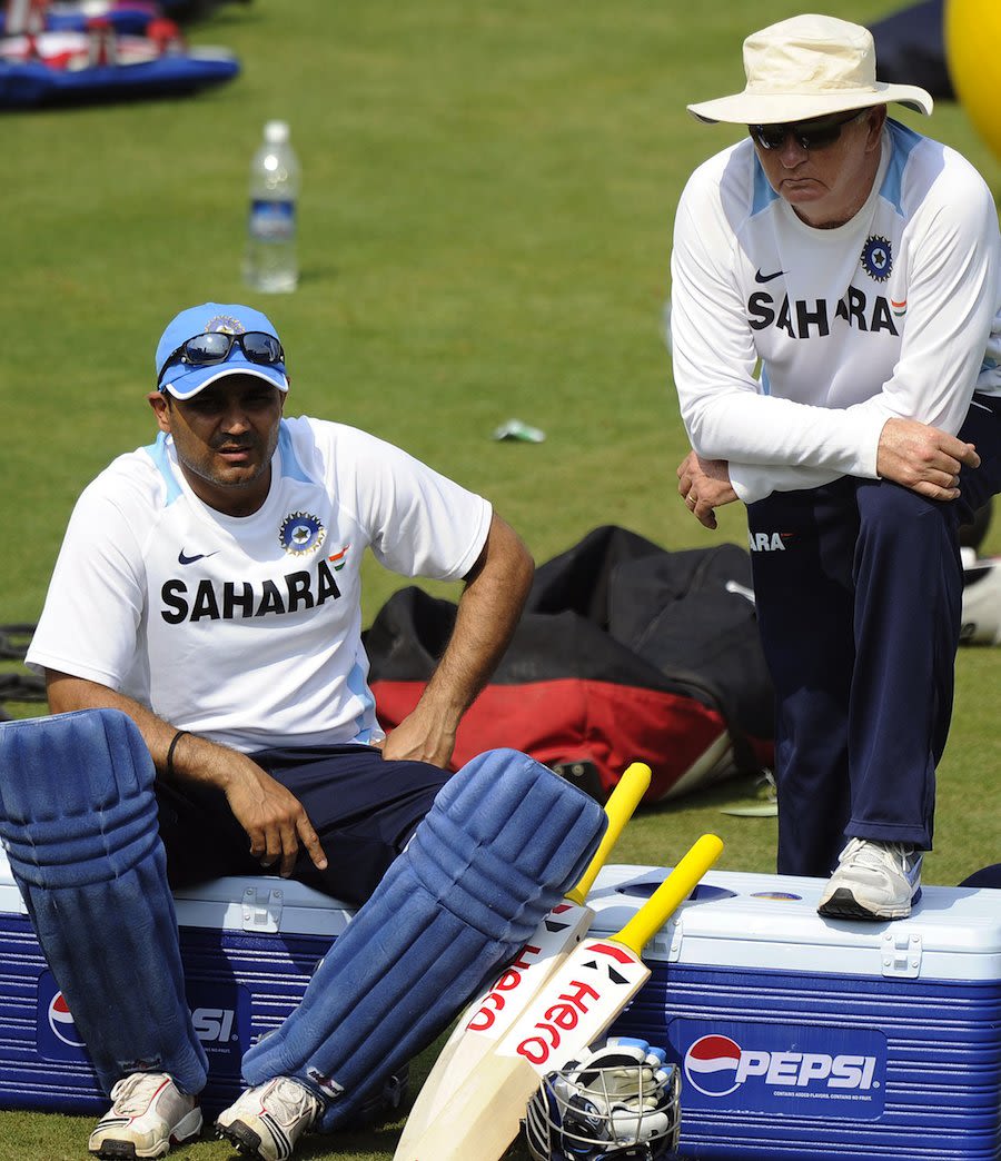 Virender Sehwag and Duncan Fletcher during practice session ...