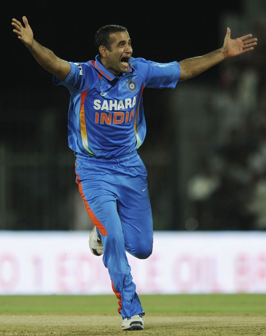 Irfan Pathan celebrates after taking a wicket with his first ball ...
