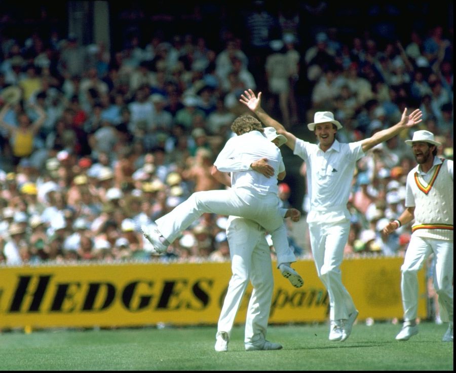 Ian Gould and Norman Cowans celebrate the wicket of Greg Chappell ...