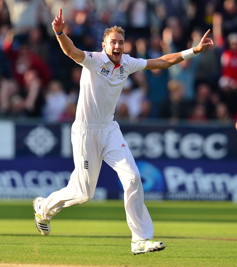 Stuart Broad beams with delight as he takes the final wicket ...