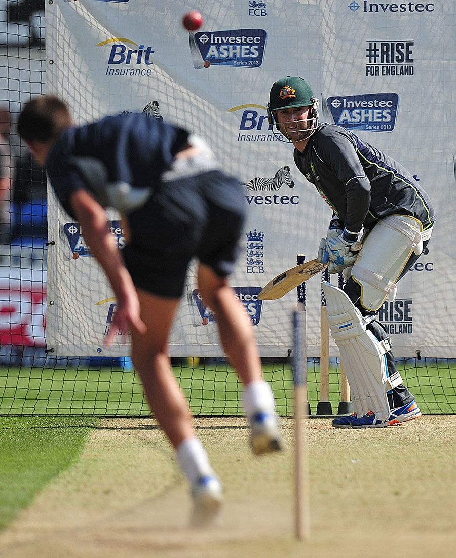 Michael Clarke faces a ball at the nets ahead of the final Test ...