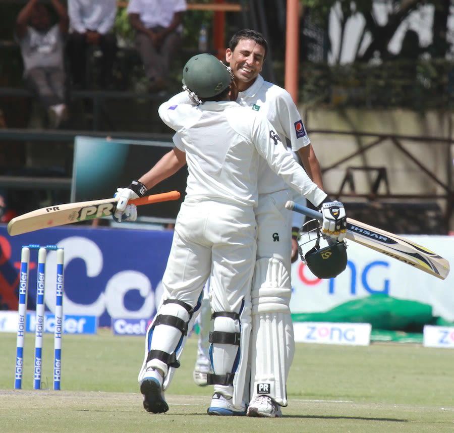 Younis Khan celebrates his century with Adnan Akmal | ESPNcricinfo.com