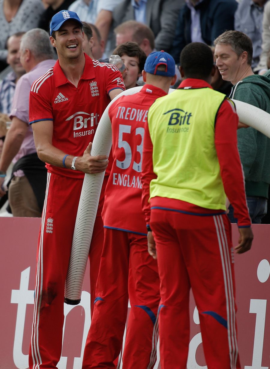 England players tried to retrieve the ball from inside a pipe ...