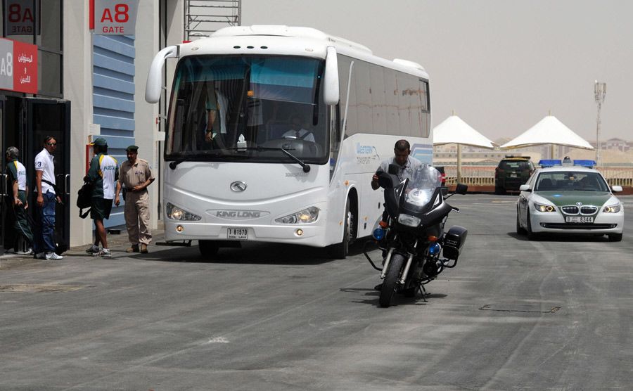 The Pakistan team bus arrives at the Dubai Cricket Stadium ...