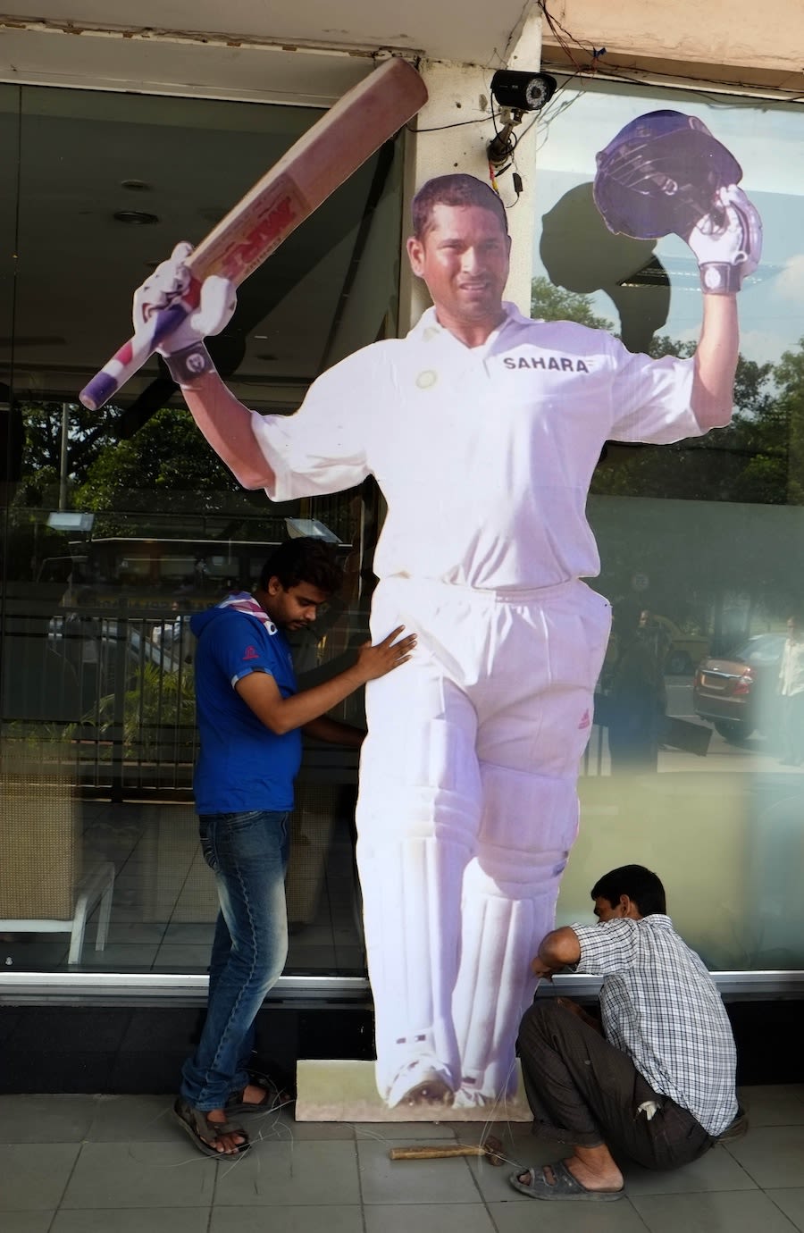 A Sachin Tendulkar cut-out is placed at the Eden Gardens entrance ...