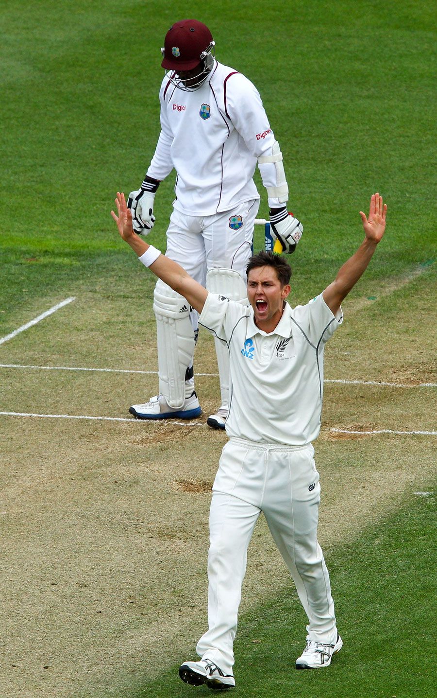 Trent Boult appeals unsuccessfully for the wicket of Kirk Edwards ...