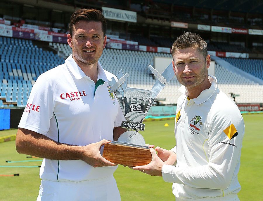 Graeme Smith and Michael Clarke pose with the trophy ahead of the first ...