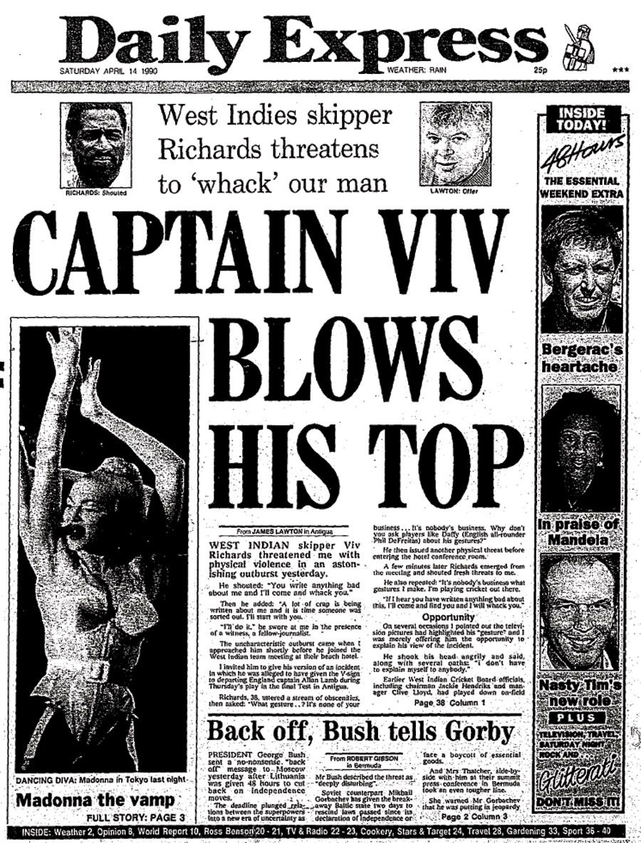 Daily Express front page after the stand-off between Viv Richards and ...