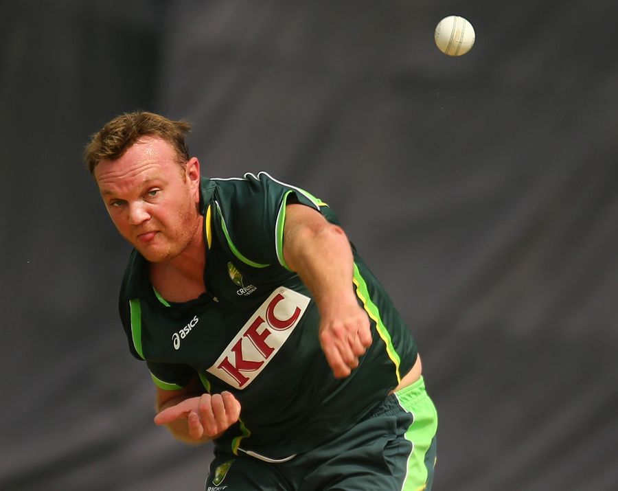 Doug Bollinger has a bowl during Australia's training session ...