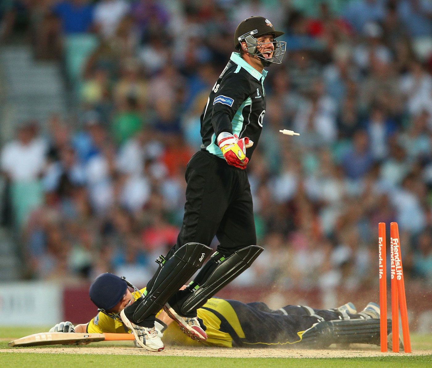 Surrey keeper Steven Davies celebrates the run-out of Jimmy Adams ...