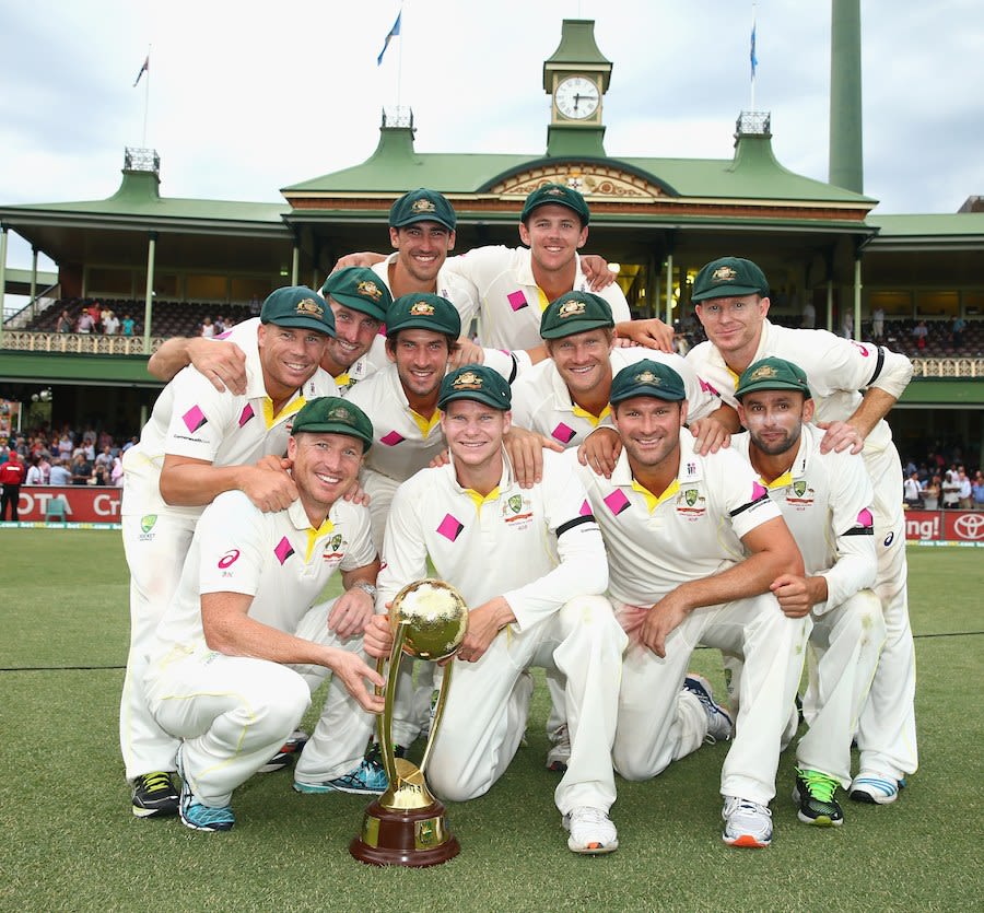The Australian team with the Border-Gavaskar Trophy after the draw at ...