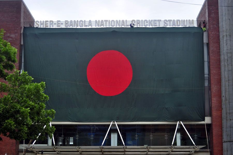 A massive Bangladesh flag covers the front of the BCB office in Mirpur ...