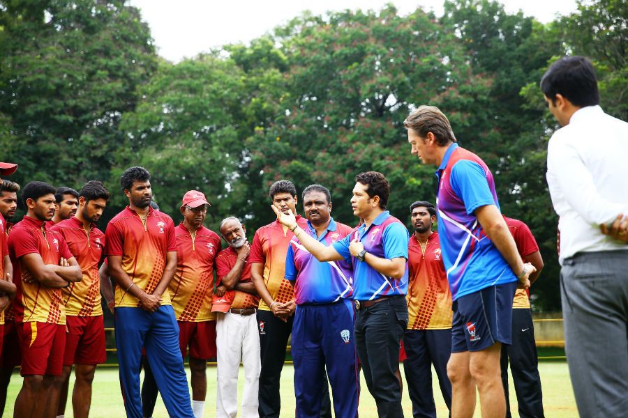 Glenn McGrath and the trainees at the MRF Pace Foundation are all ears ...