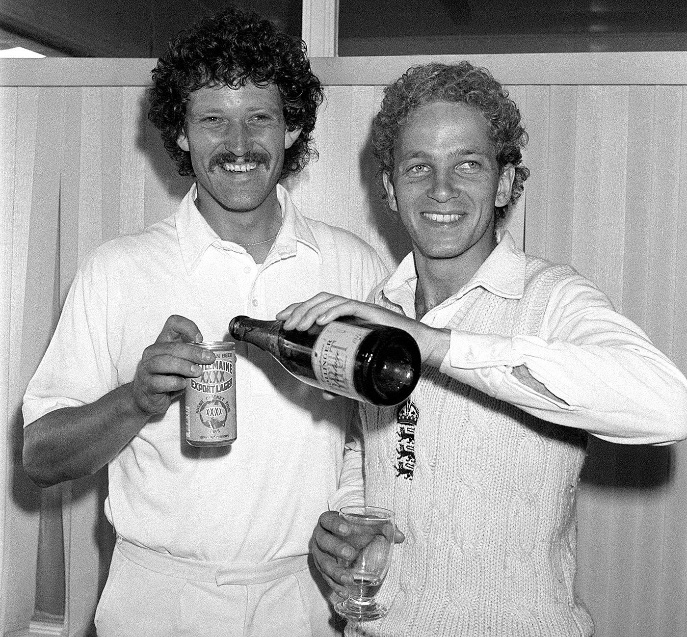 Richard Ellison and David Gower celebrate after winning the 1985 Ashes ...