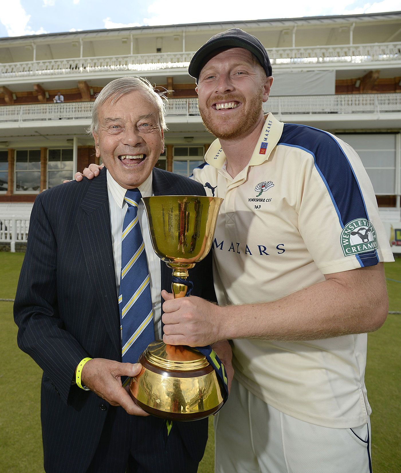 Andrew Gale and Dickie Bird hold the trophy after Yorkshire won the ...